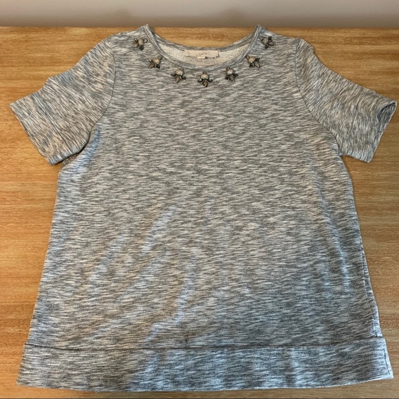 LOFT | Tops | Loft Stone Embellished Neck Short Sleeve Sweater L | Poshmark